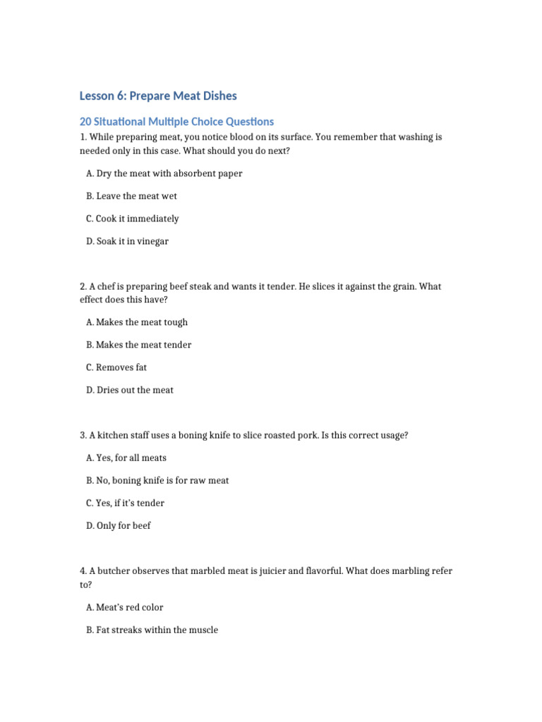 Lesson 6 Prepare Meat Dishes Quiz | PDF | Meat | Cooking
