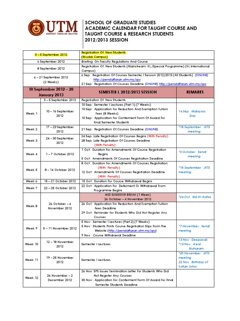UTM Academic Calendar 2012/2013 | PDF | Academic Term | Educational ...