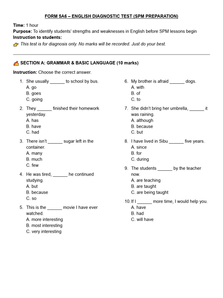 English Diagnostic Test | PDF | Homework | Cognition