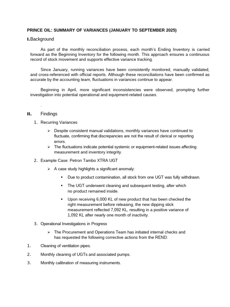 Prince Oil Variances 2025 | PDF | Calibration