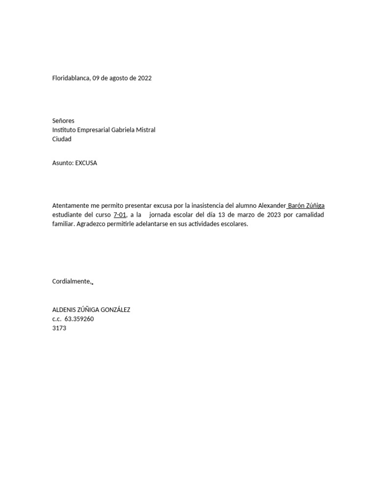 Carta Excusa y Autorizacion | PDF