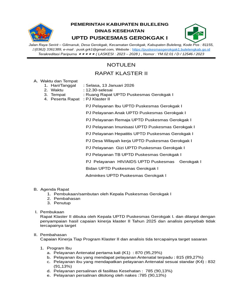Notulen Rapat Klaster II JANUARI | PDF