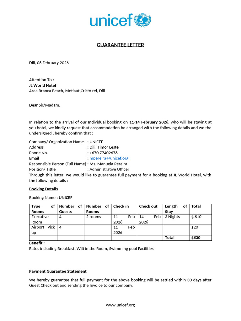Guarantee Letter UNICEF | PDF