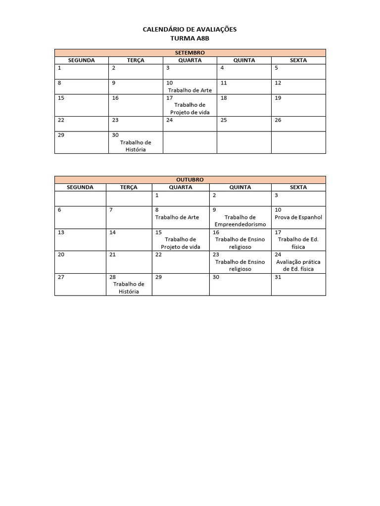 A8B Calendário de Avaliações - 3º Trimestre-1 | PDF
