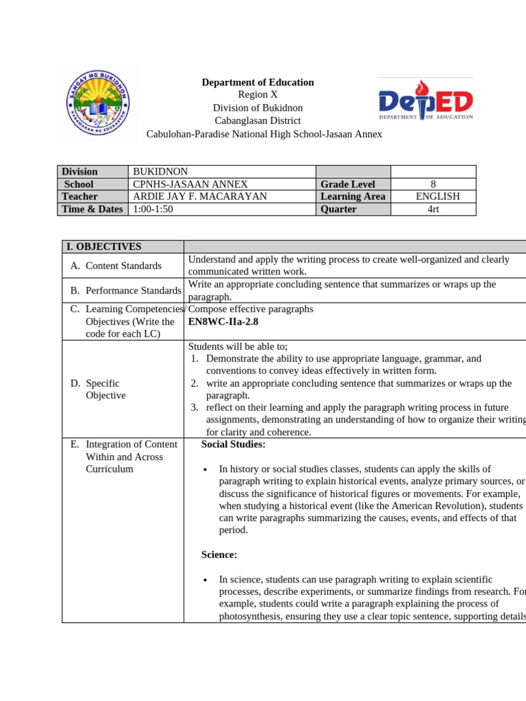 Grade 8 Lesson Plan Fourth Quarter Week 3 | PDF
