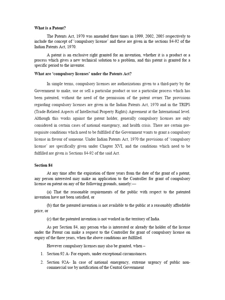 05 - Compulsory Licenses' Under The Patents Act | PDF | Patent | Trips ...