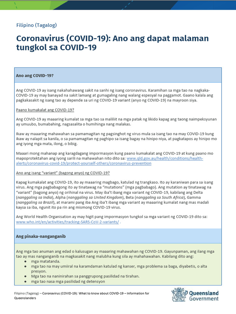 Filipino Queensland Health What is Coronavirus COVID 19 | PDF