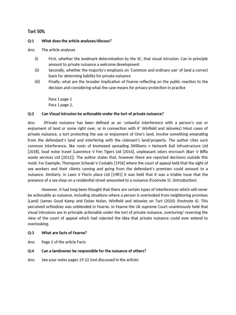Tort Case Note New 2026 50% | PDF | Nuisance | Tort