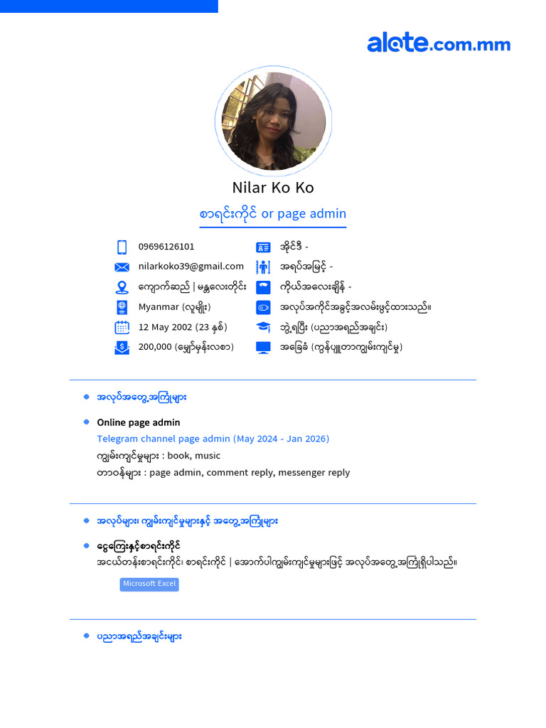 Alote CV Nilar Ko Ko 2 | PDF