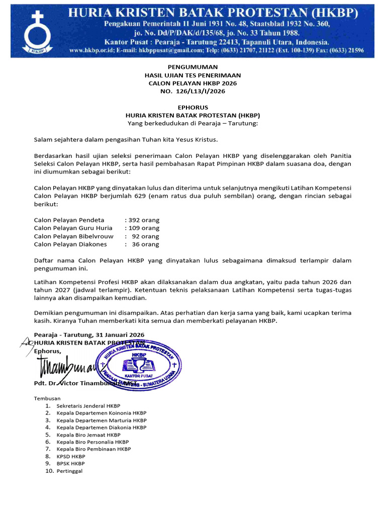 SK Pengumuman Hasil Ujian Penerimaan Calon Pelayaan 2026 Dan Lampiran | PDF