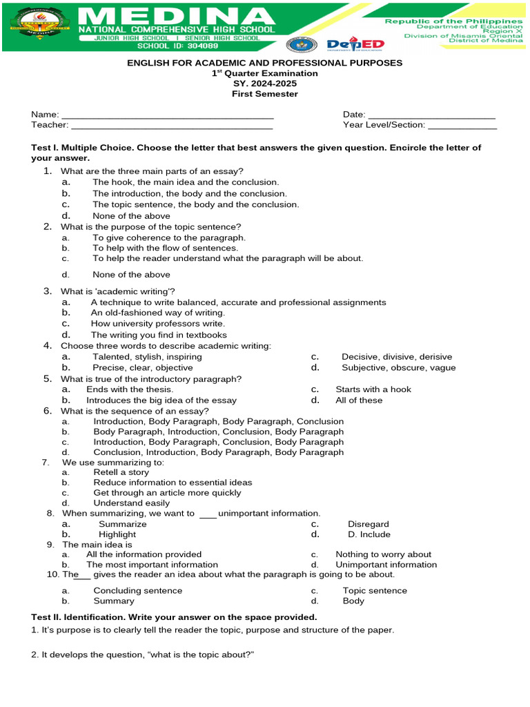 EAPP 1st Quarter Examination | PDF | Essays | Thesis