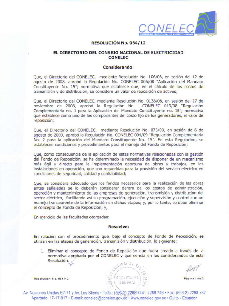 CONELEC 064 12 - EliminacionFondoReposicion | PDF