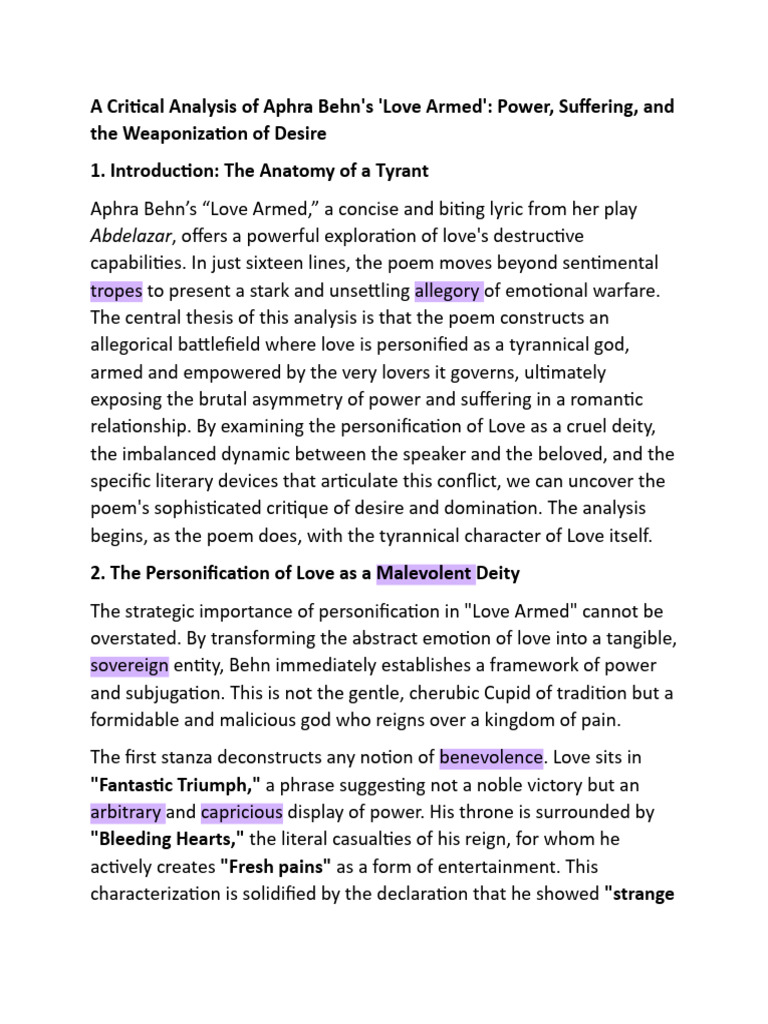 A Critical Analysis of Love Armed ByAphra Behn | PDF | Love | God