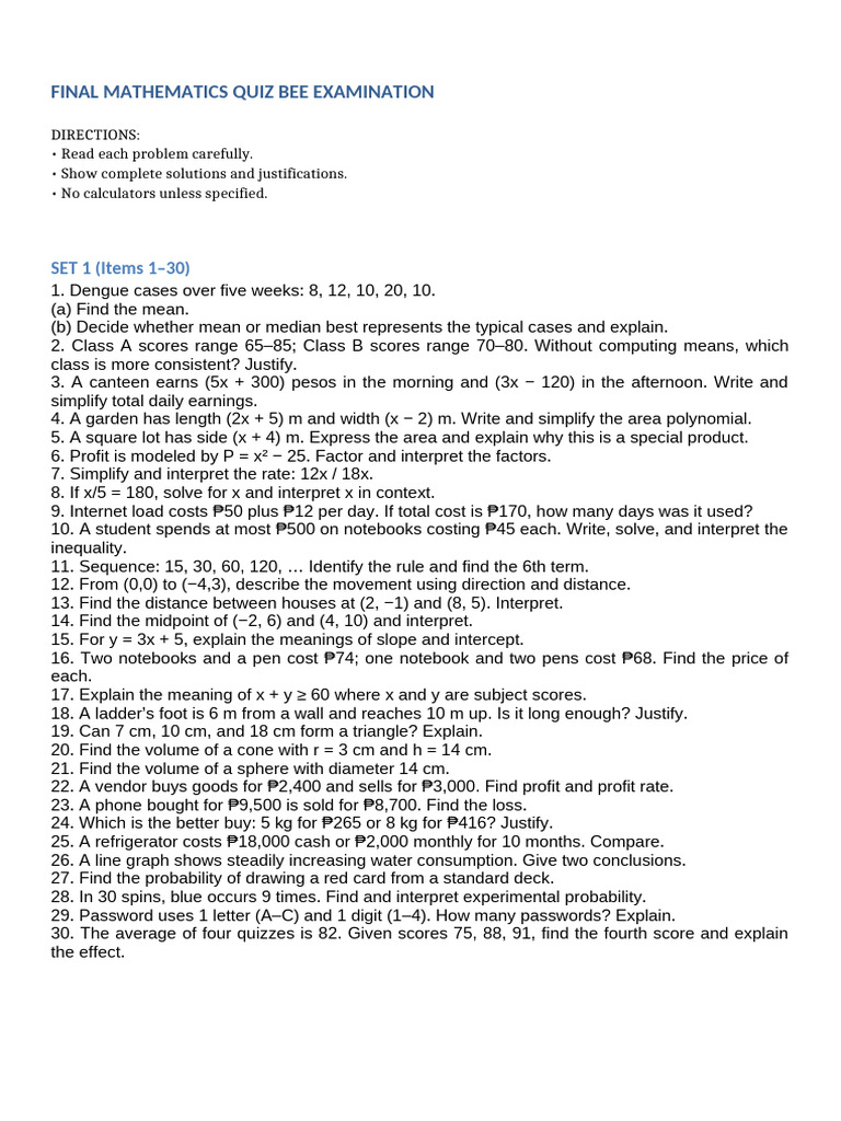 Final Quiz Bee Math Exam Only | PDF | Area | Mathematics