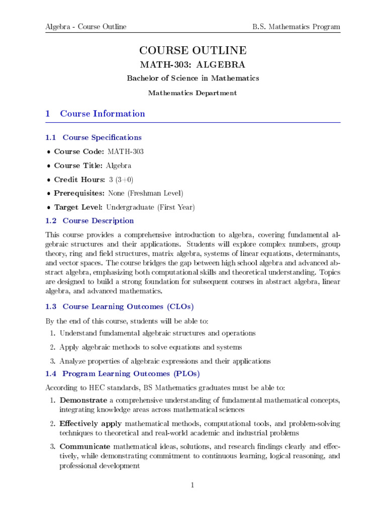 Algebra Course Outline BS Mathematics Condensed | PDF | Algebra ...