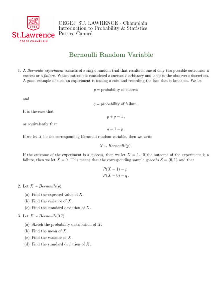 bernoulli_random_variable | PDF | Variance | Random Variable