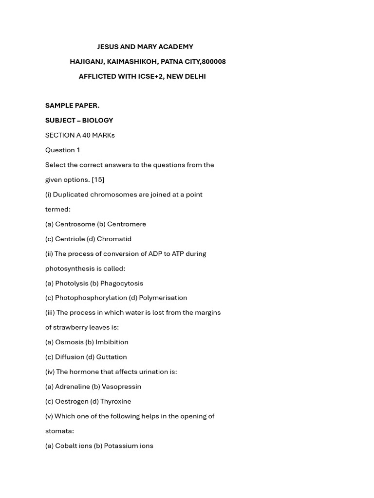 Biology Sample Paper 4 | PDF | Anatomy