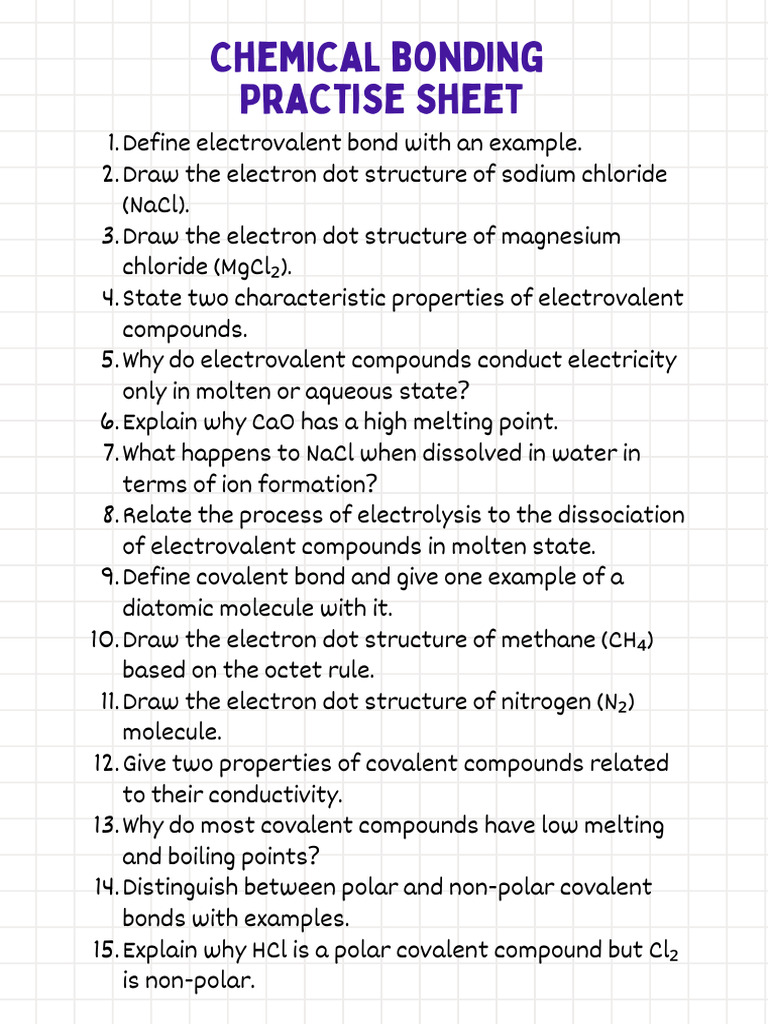 Chemical Bonding Practise Sheet | PDF | Chemical Bond | Chemical Polarity