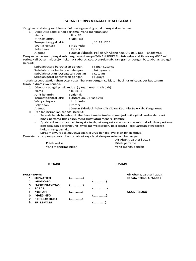 Surat Pernyataan Hibah Tanah | PDF