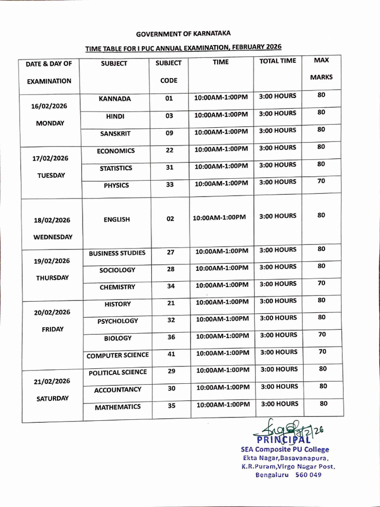 Time Table for I Puc Annual Examination Feb-26 | PDF | Science