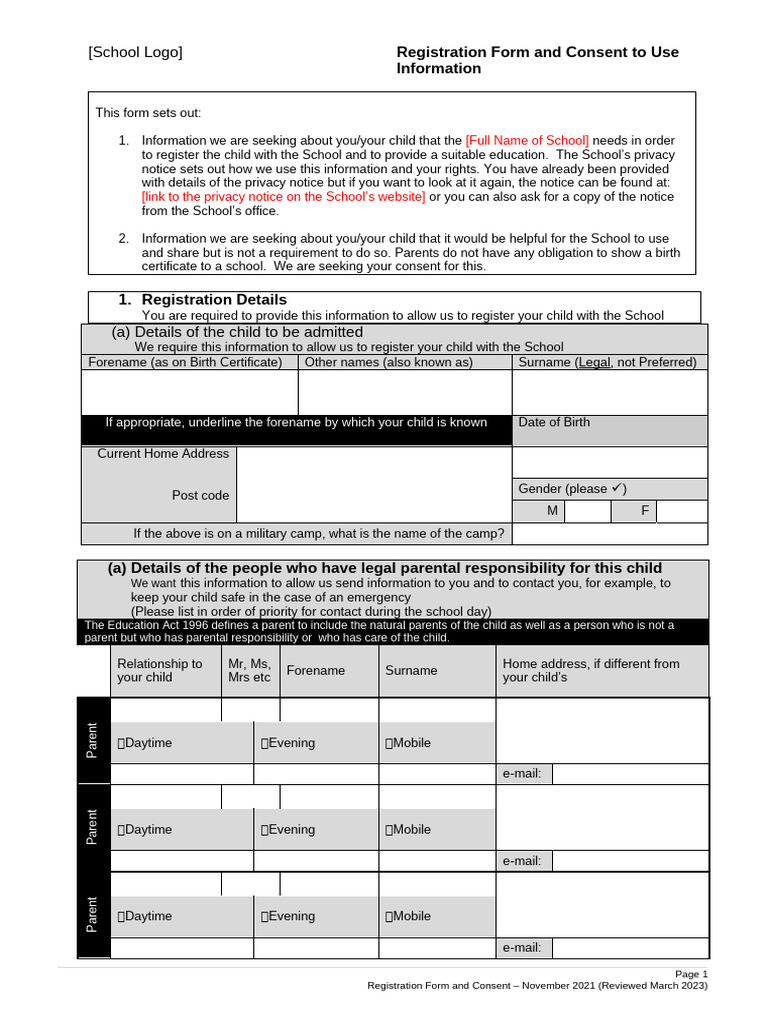 School Registration Form Template | PDF