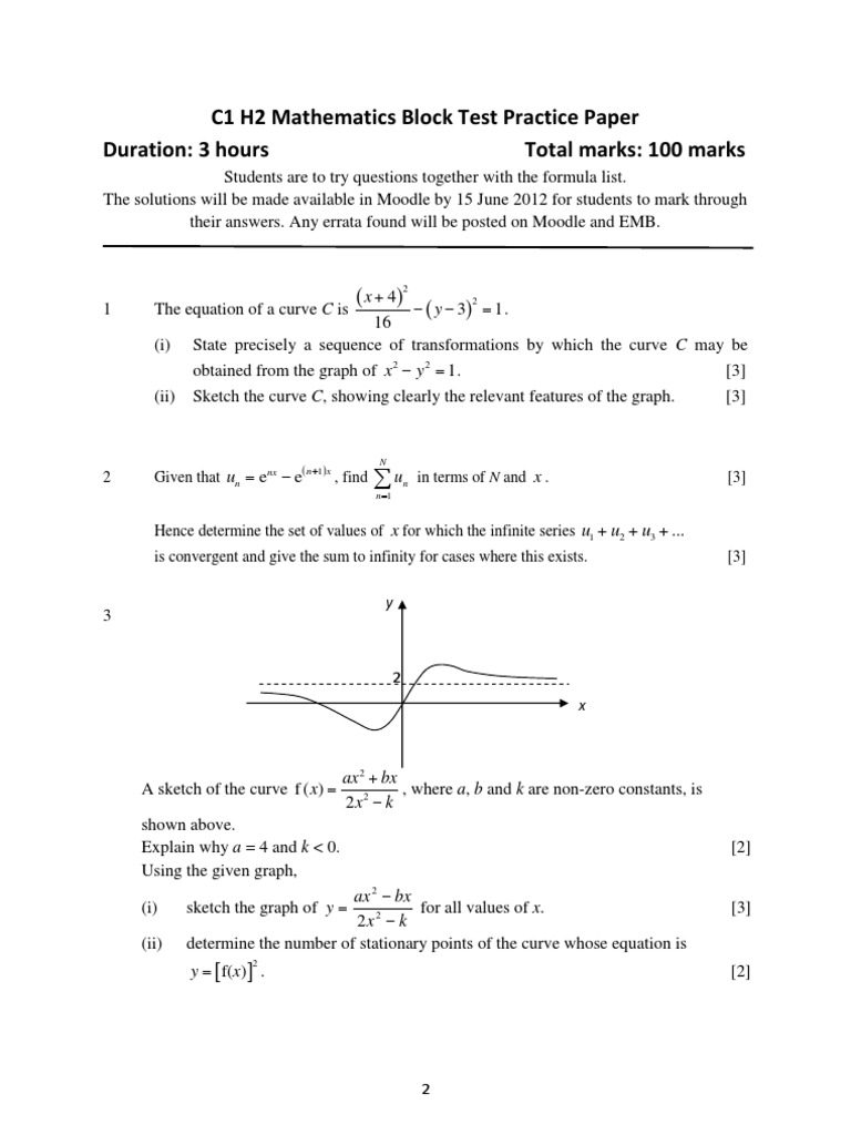 C1 H2 Maths Block Test Practice Paper (Final) | PDF | Asymptote | Tangent