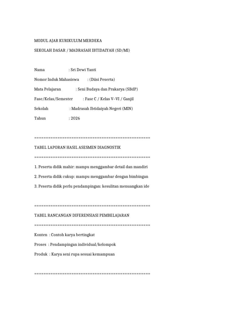 Modul Ajar SBDP Seni Rupa MIN Kelas 5 6 PPG 2025 2026 | PDF