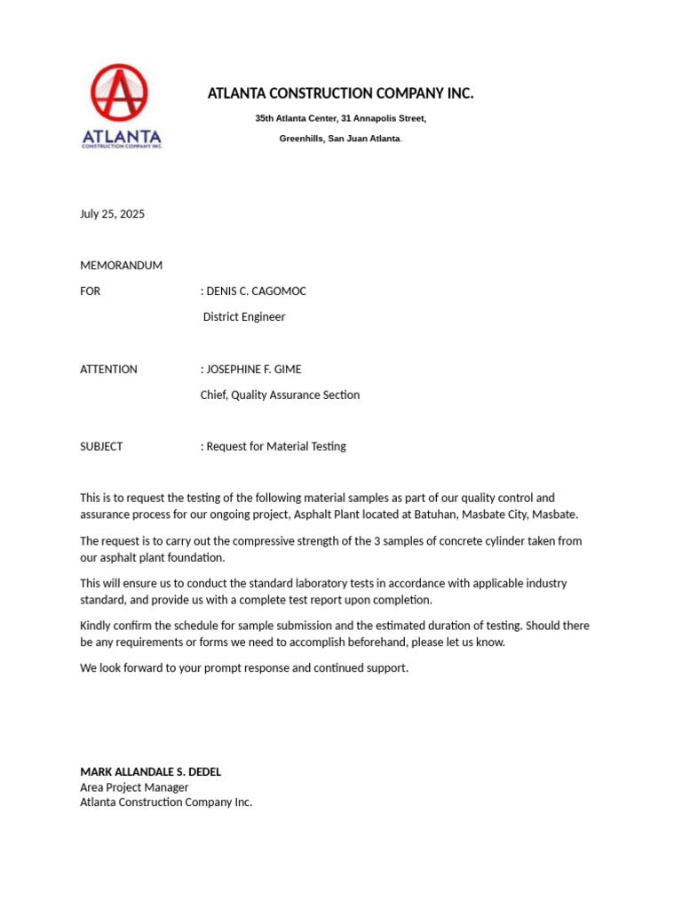 Request Letter For Material Testing Revised 2 | PDF
