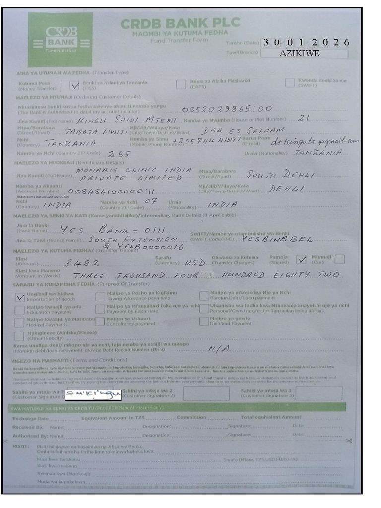 CRDB Money Transfer Form and Invoice | PDF