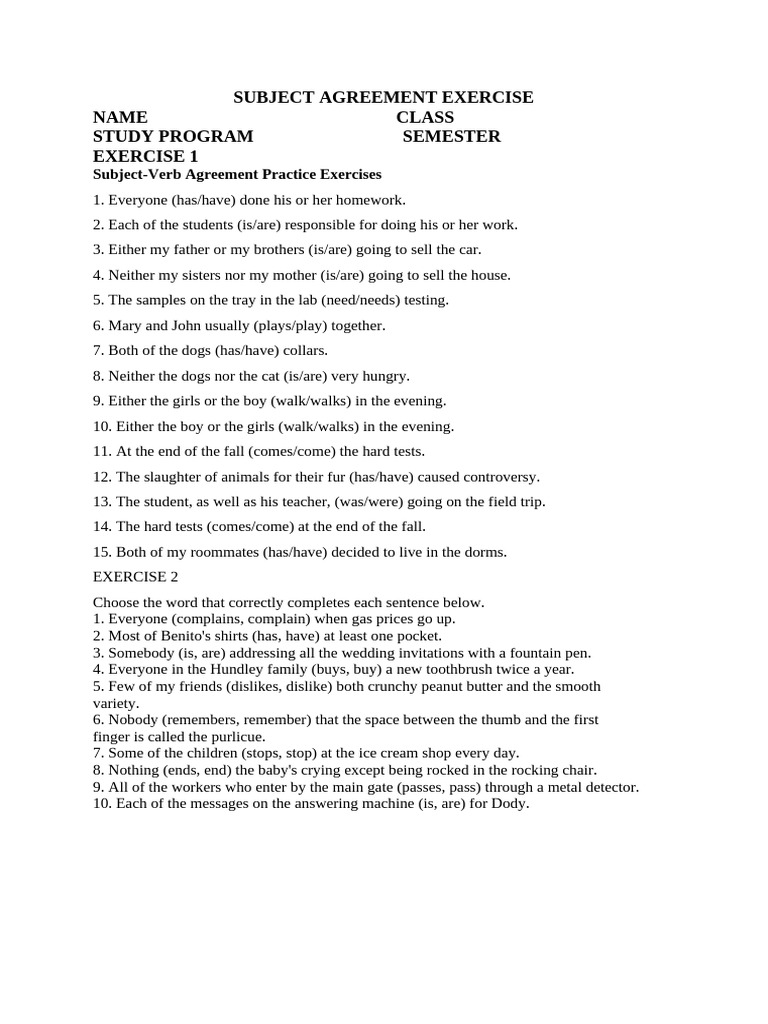 Subject Agreement Exercise - Student | PDF