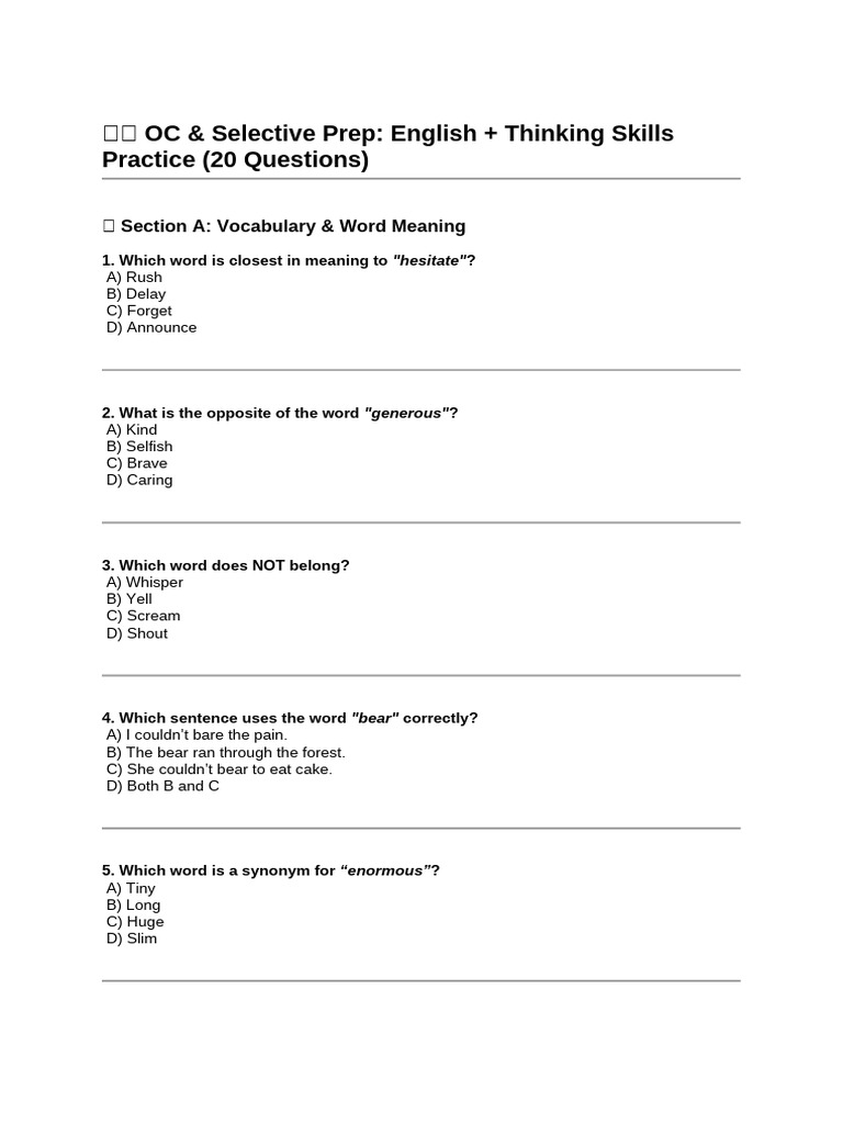 ?? OC & Selective Prep - English + Thinking Skills Practice (20 ...