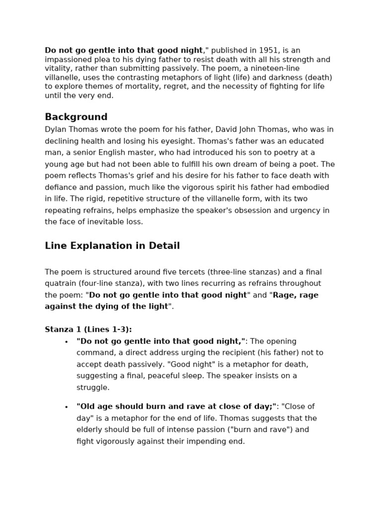 Do Not Go Gentle Into That Good Night - Analysis | PDF | Poetry