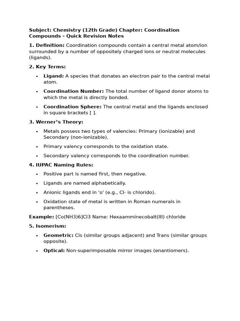 Coordination Compounds - Quick Revision Notes | PDF