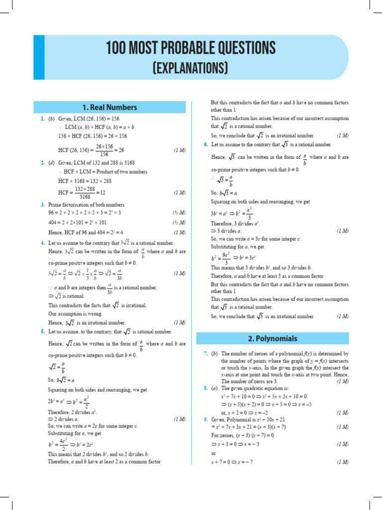 100 Most Probable Solutions Mathematics | PDF | Numbers | Factorization