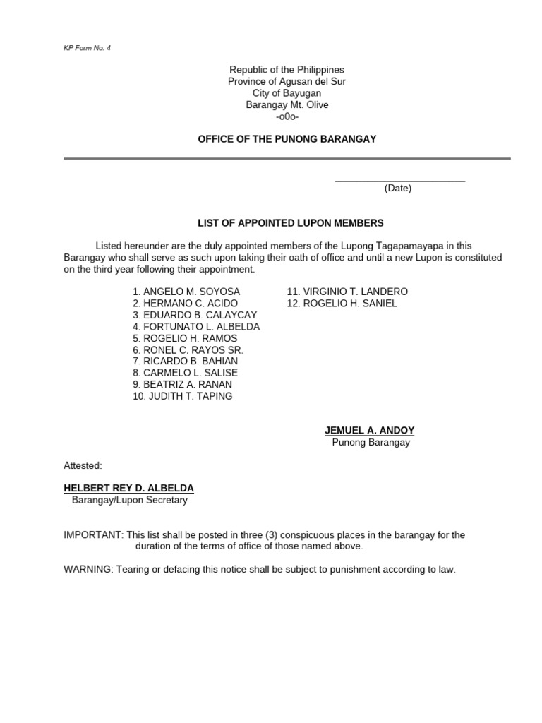 4 Kp Form List of Lupon Members | PDF