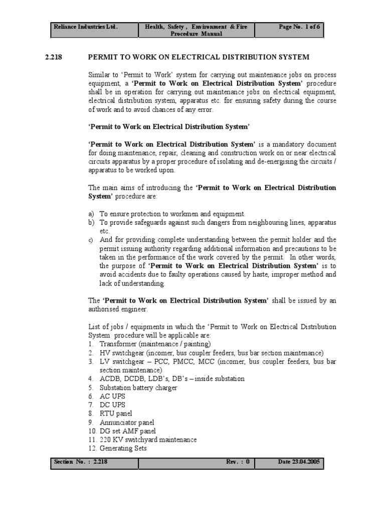 2.218-Permit To Work On Electrical Distribution System | PDF | Safety ...