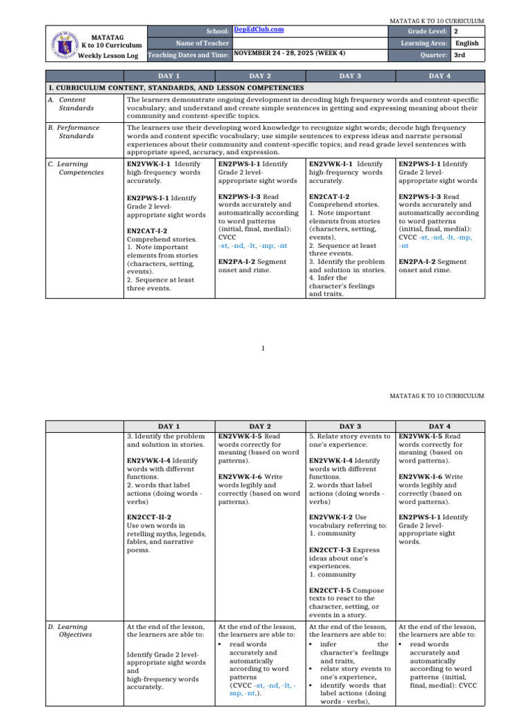 DLL Matatag English 2 q3 w4 | PDF | Word | Consonant