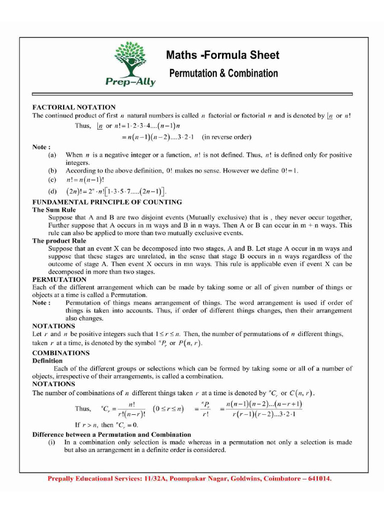 Maths Formula Sheet - Permutation & Combination | PDF