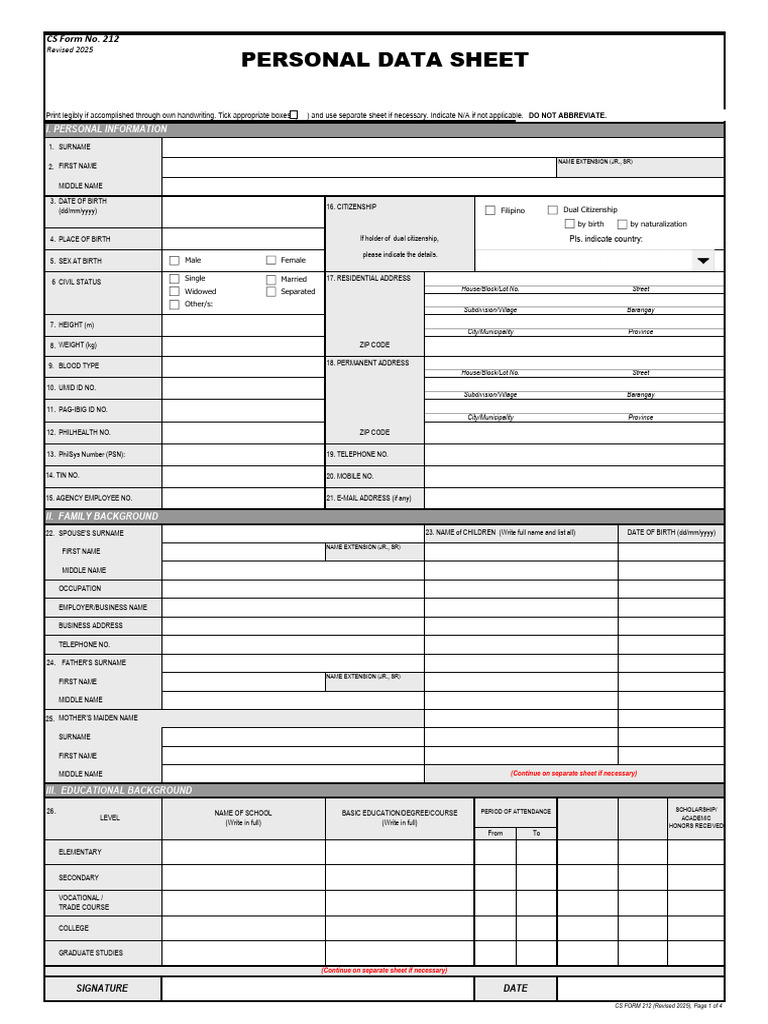 ANNEX H-1 - CS Form No. 212 Revised 2025 - Personal Data Sheet | PDF ...