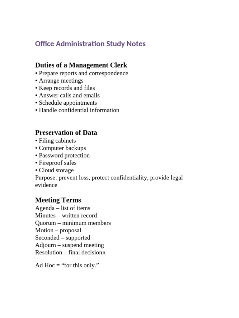 Office Administration Study Notes Copy | PDF