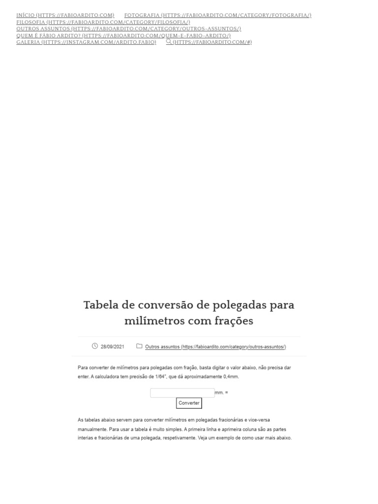 Tabela de Conversão de Polegadas para Milímetros Com Frações - Fábio ...
