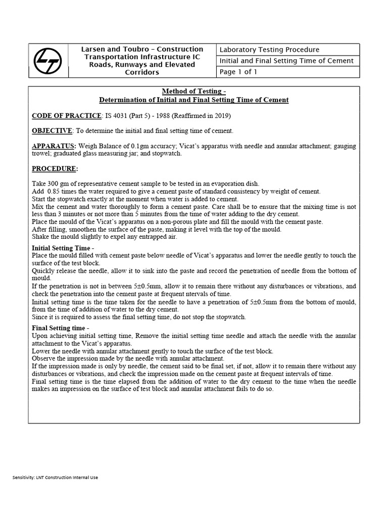 Initial & Final Setting Time of Cement | PDF