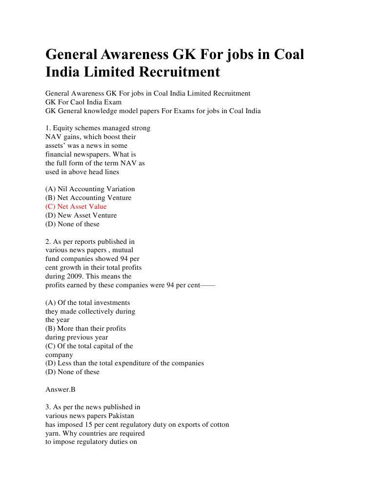 Coal India Recruitment GK Guide | PDF | Mutual Funds | Exports