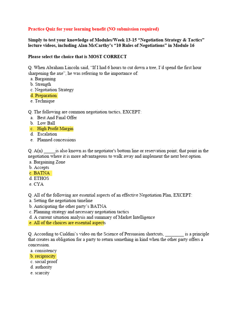 Negotiation Strategy & Tactics PRACTICE Quiz - Tagged | PDF ...
