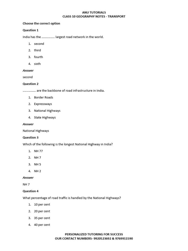 Anu Tutorials - Class 10 Geography Notes - Transport | PDF | Transport ...