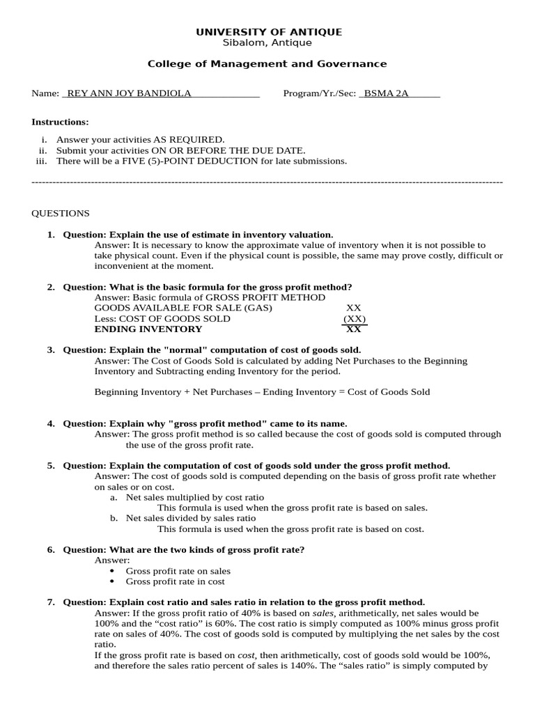 ACTIVITY 3 - Gross Profit Method | PDF | Cost Of Goods Sold | Inventory