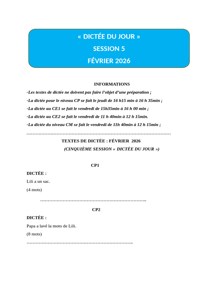 Dictee Du Jour - Textes - Session 5 Fevrier 2026. | PDF