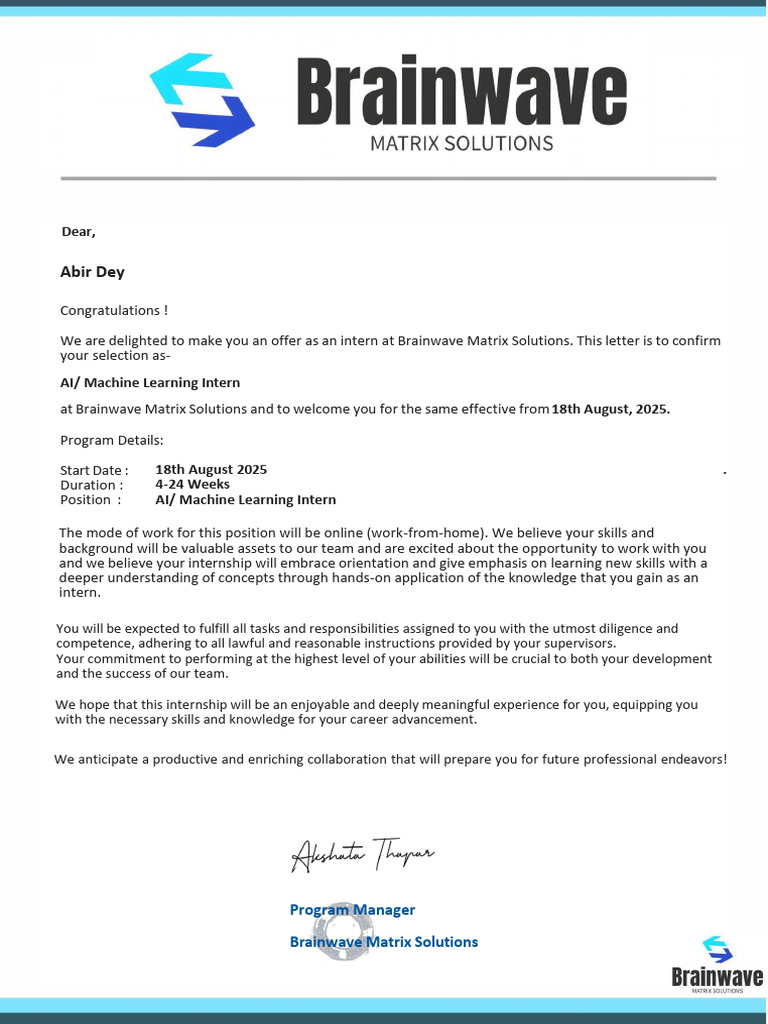 Brainwave Matrix Offer Letter | PDF