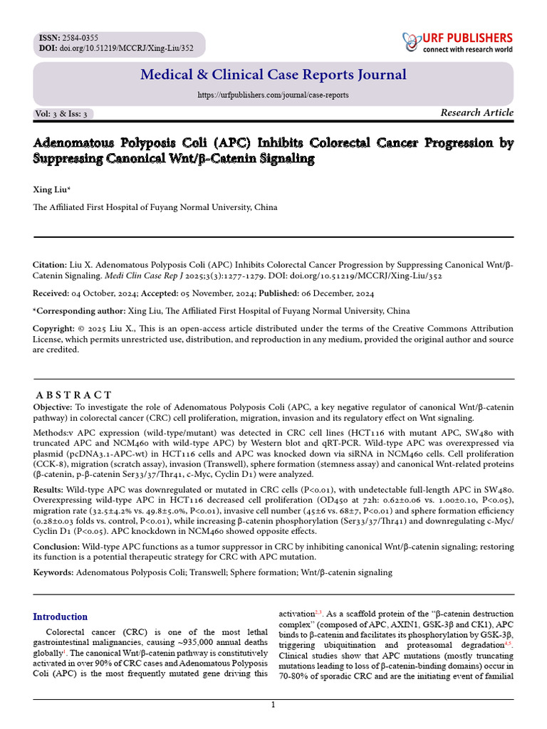Adenomatous Polyposis Coli (APC) Inhibits Colorectal Cancer Progression ...