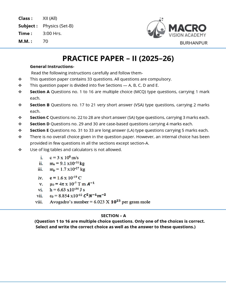 Class XII - Physics - Set-B - Practice Paper - II | PDF | Rectifier | P ...